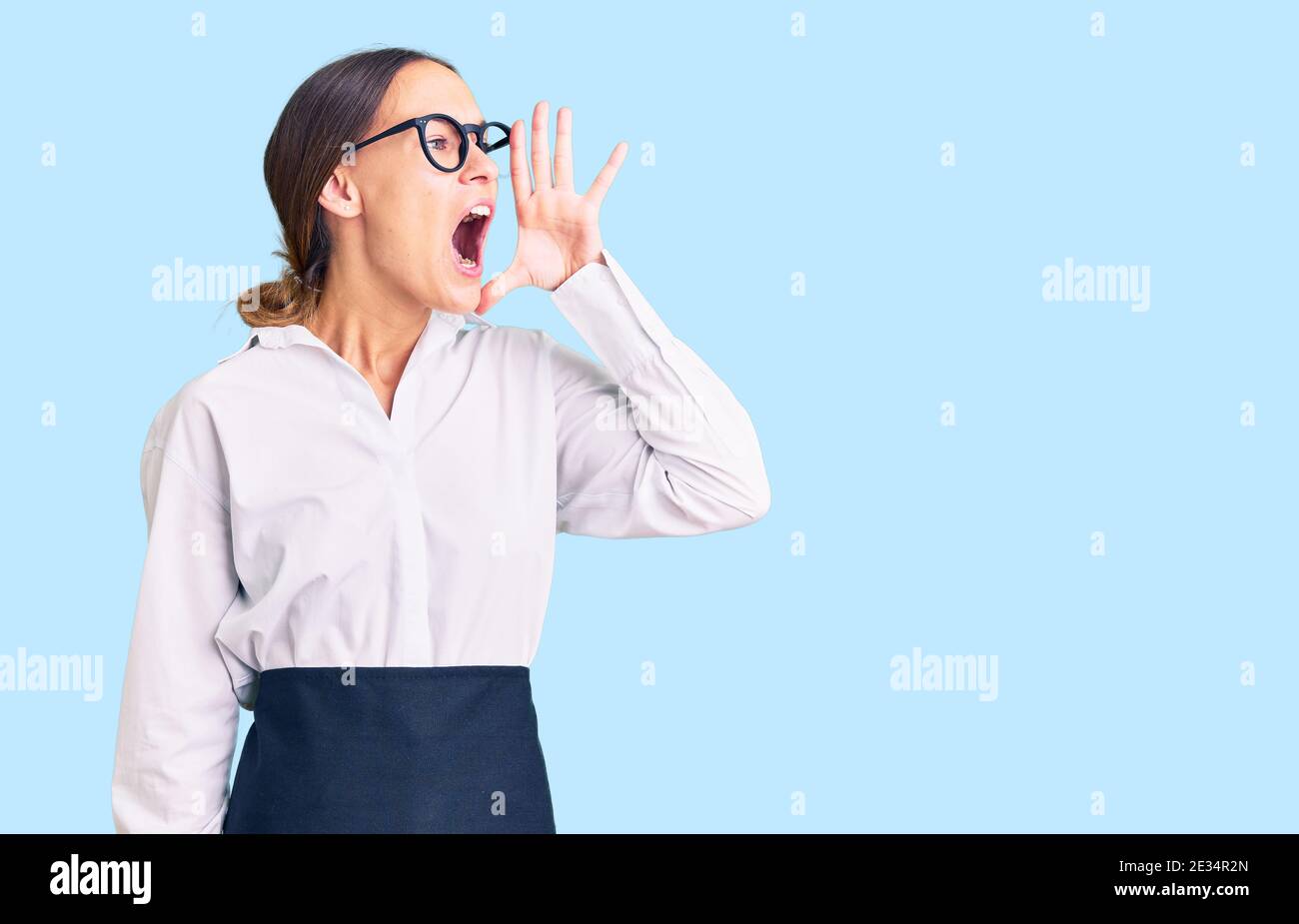 Beautiful brunette young woman wearing professional waitress apron ...