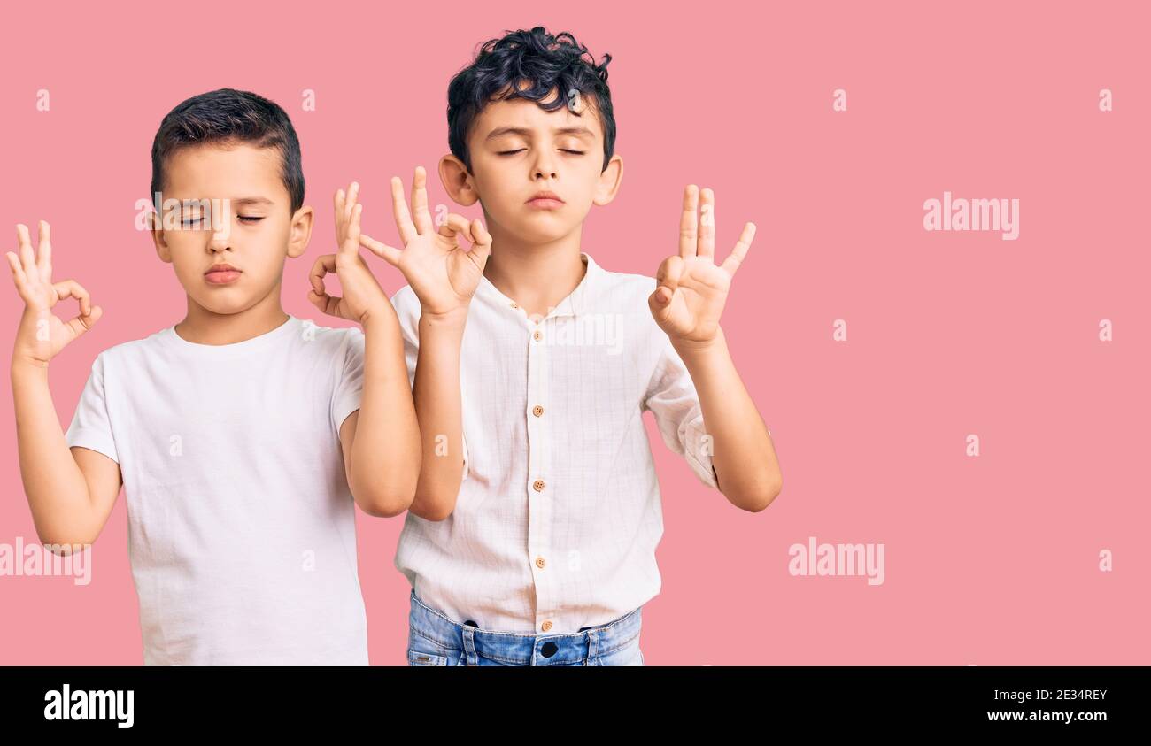 Couple of little brothers together wearing casual clothes relax and ...