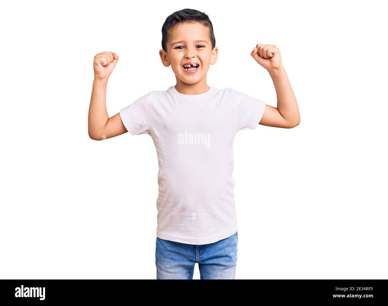Little cute boy kid wearing casual white tshirt screaming proud ...