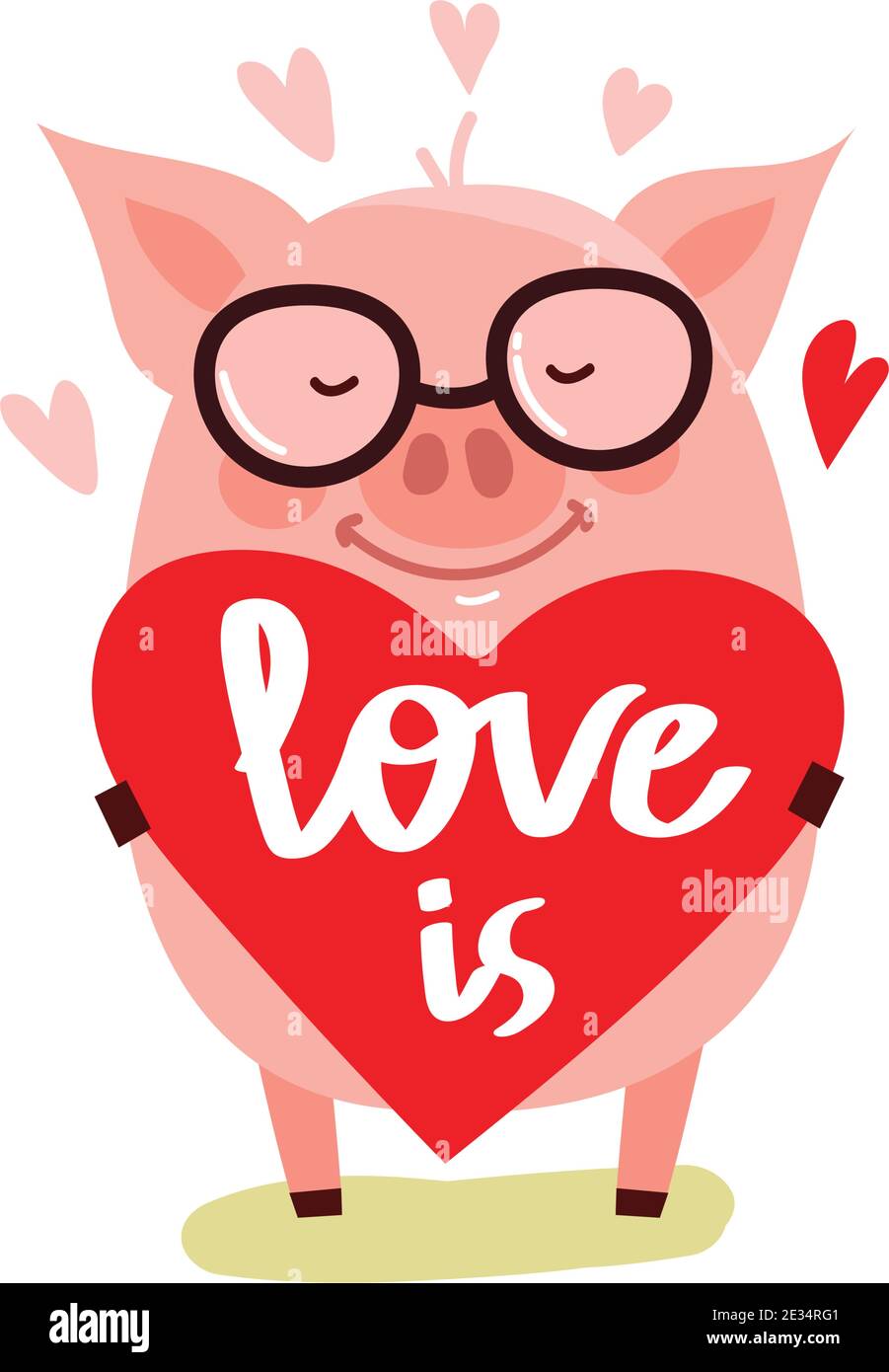 Vector illustration of cute cartoon pig with pink large heart and text ...