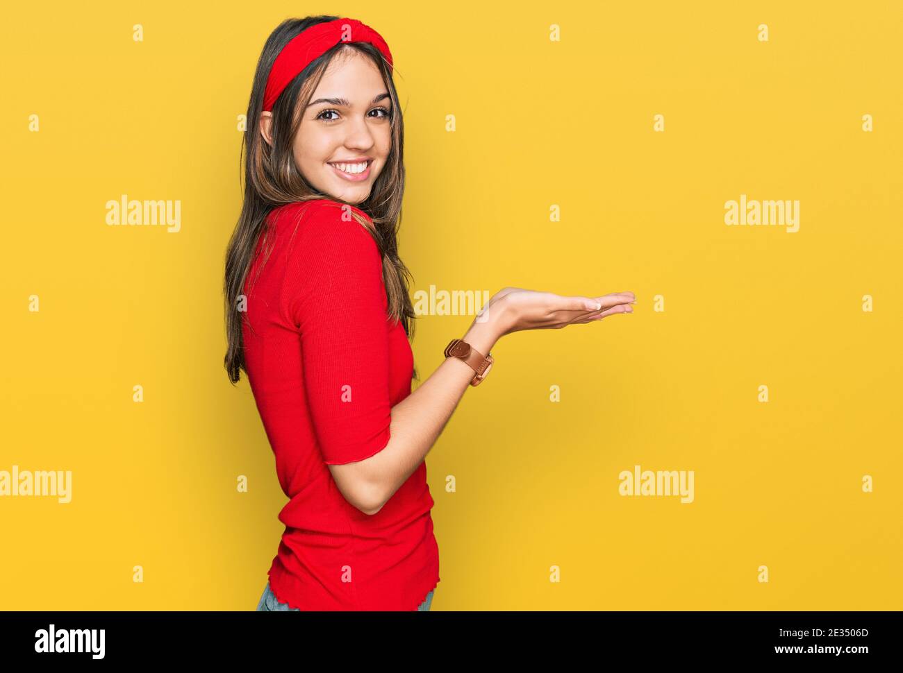Young Brunette Woman Wearing Casual Clothes Pointing Aside With Hands