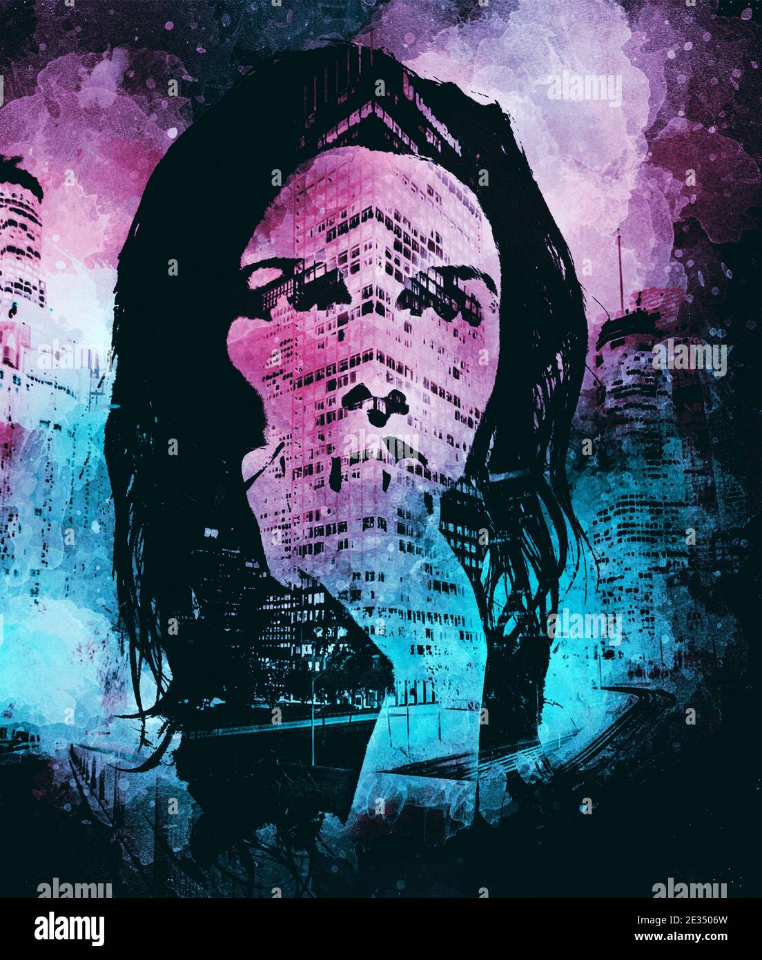 Futuristic advertising poster of a female with city lights behind Stock ...