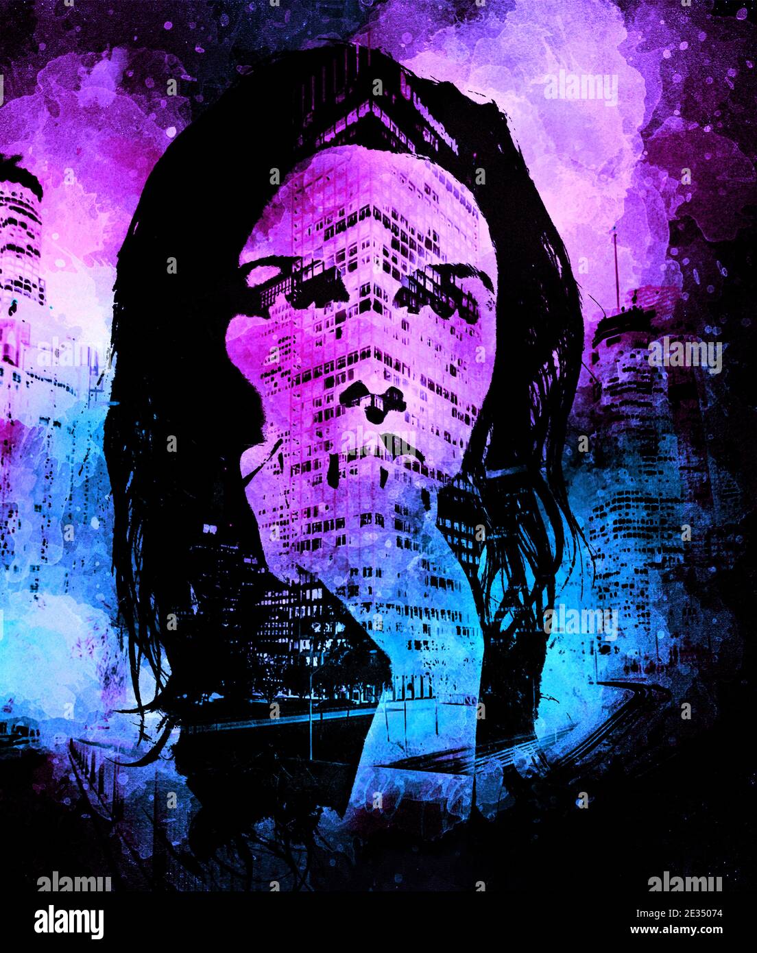 Futuristic advertising poster of a female with city lights behind Stock ...