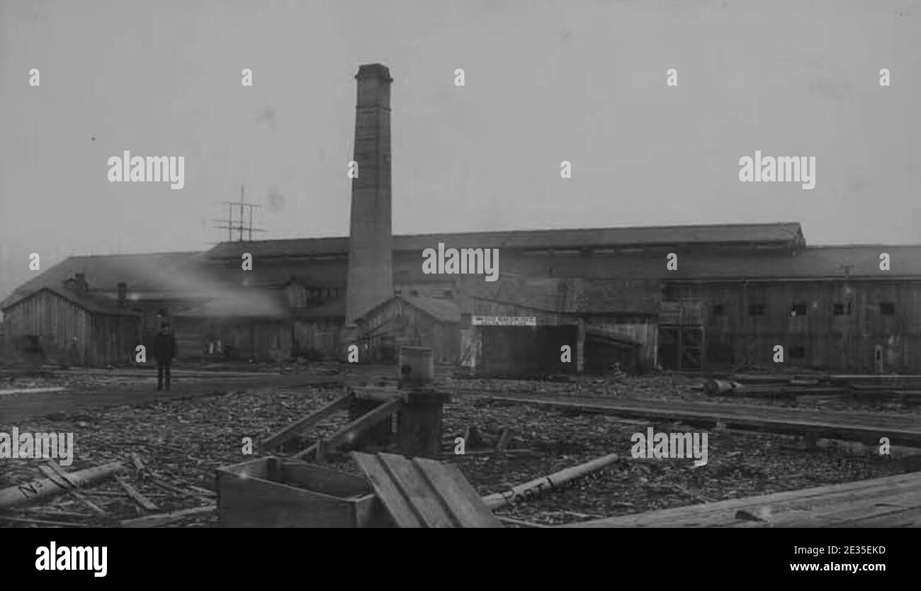 Lumber mill buildings on the shore of harbor, Port Ludlow, October ...