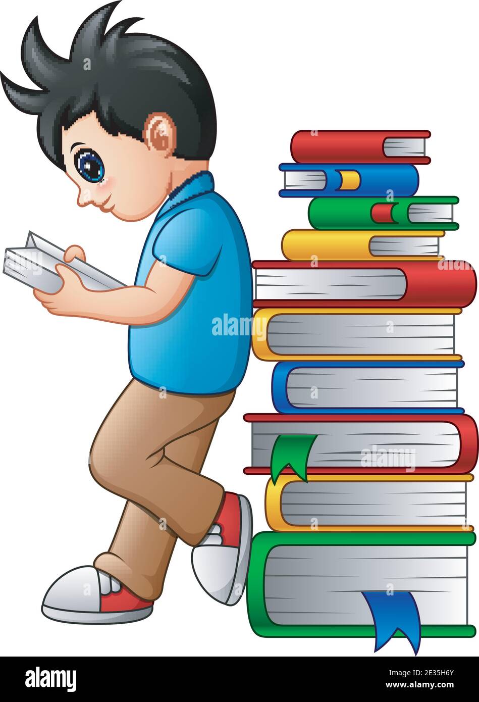 Vector illustration of Young boy reading with leaning in the stack of ...