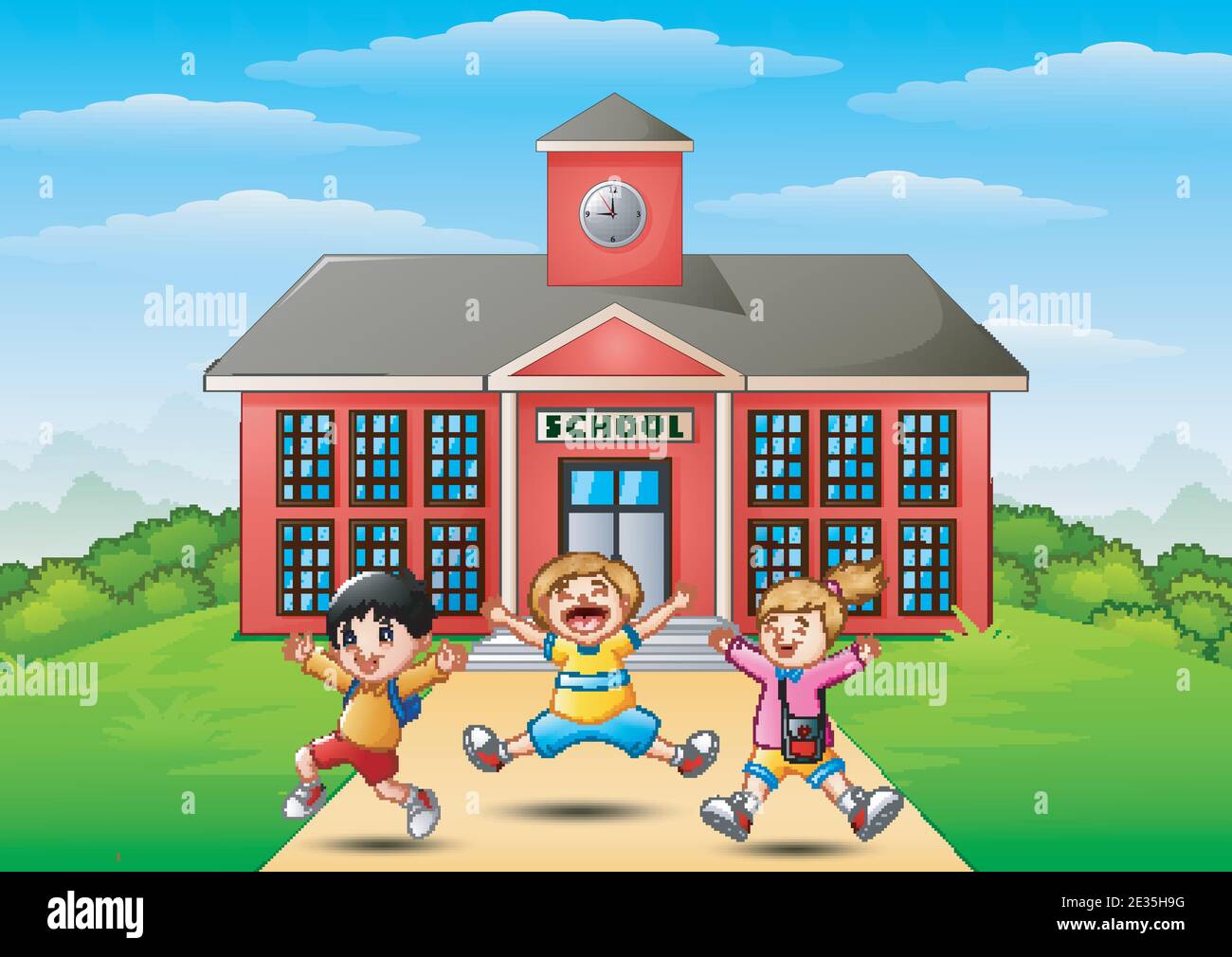 Vector illustration of Happy school children jumping in front of school ...