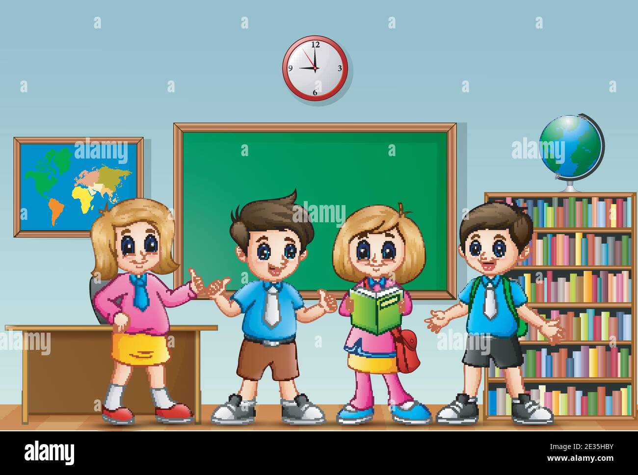 Vector illustration of Many children standing in the front of classroom ...