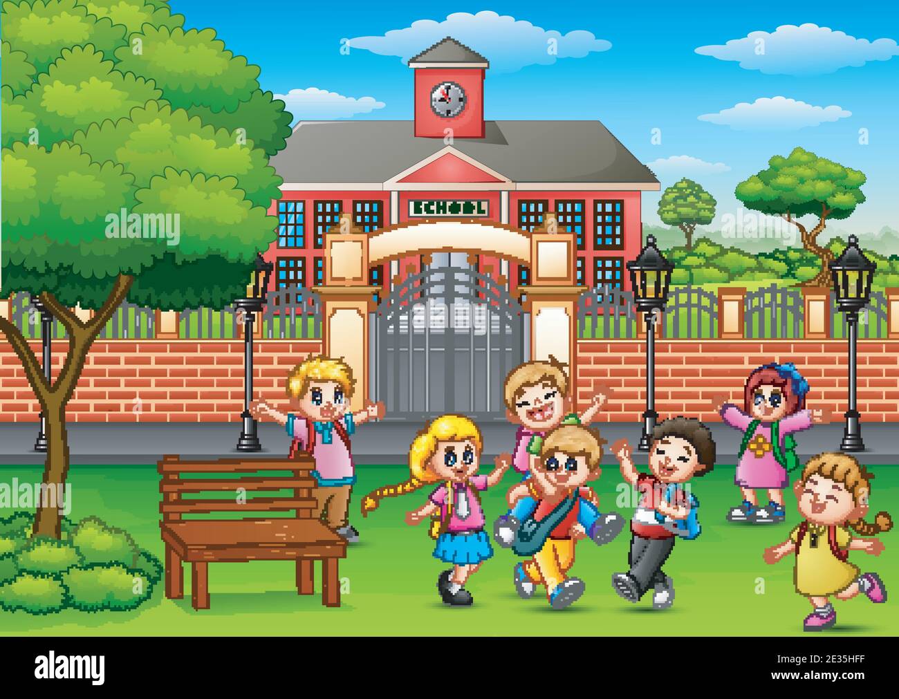 Vector illustration of Happy school children playing in front of school ...