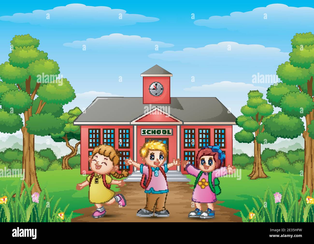 Vector illustration of Happy school children standing in front of ...
