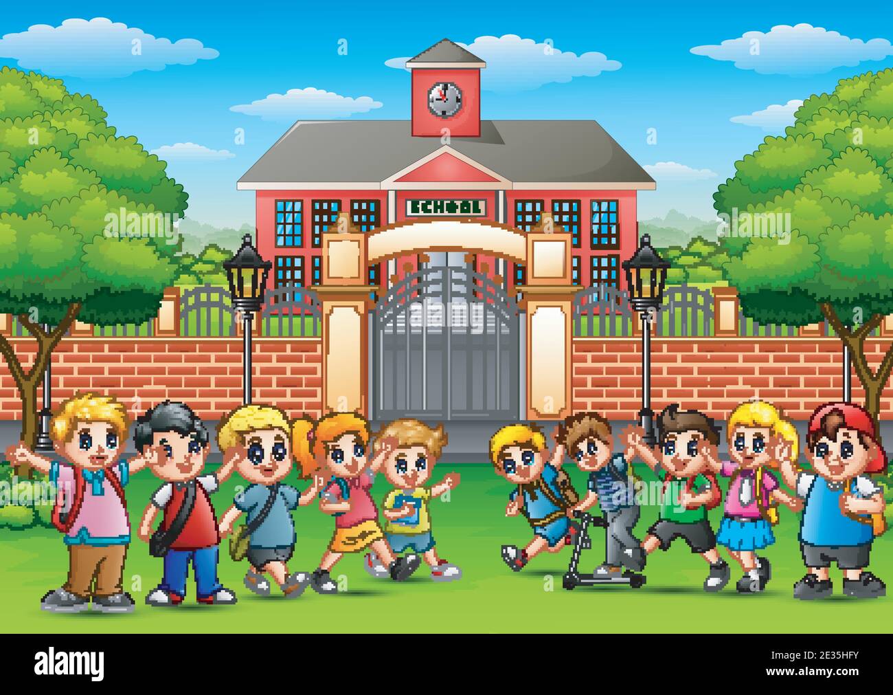 Vector illustration of Happy school children in outside the front of ...