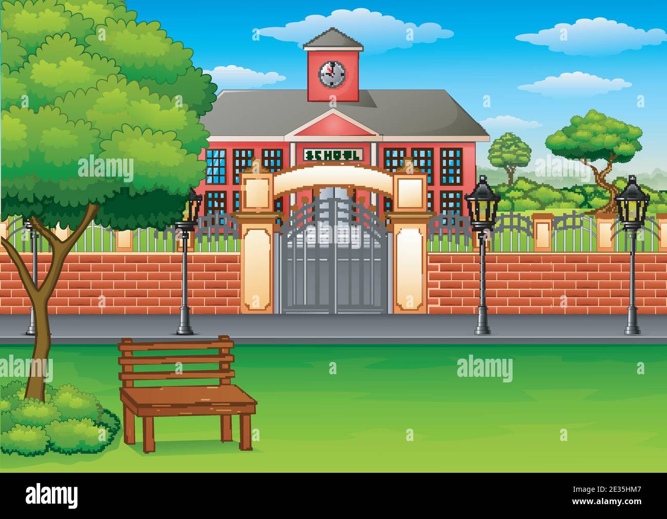 Vector illustration of School building and green lawn Stock Vector ...