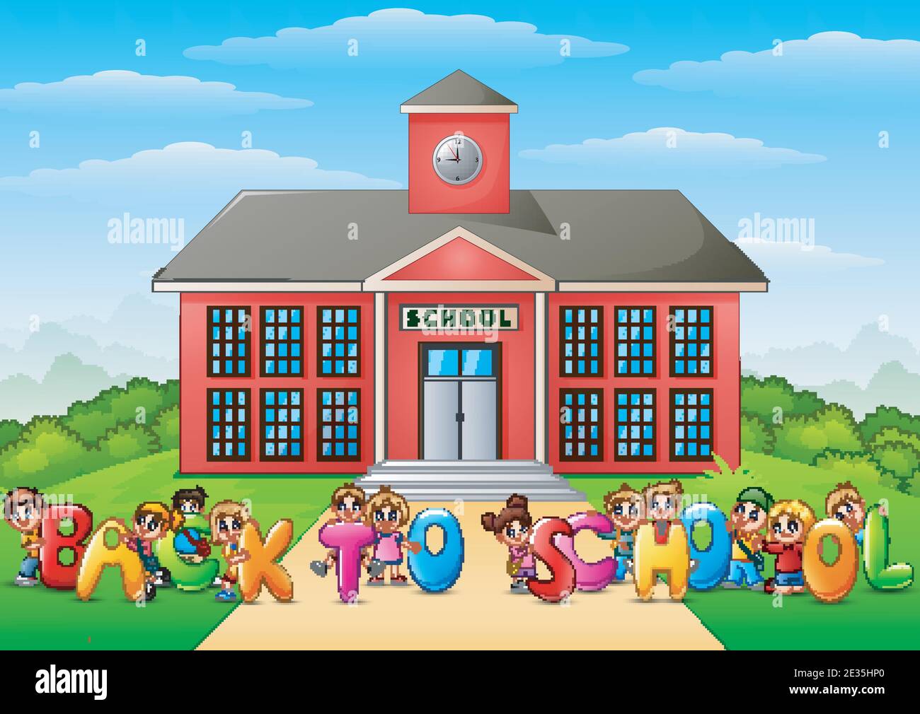 Vector illustration of Happy school children holding the words "Back to ...