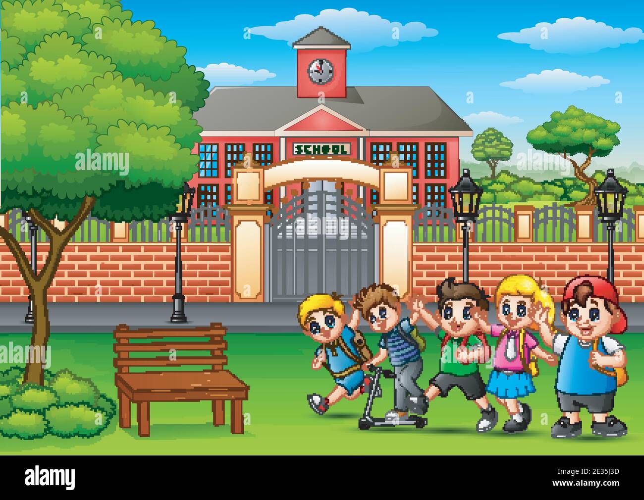 Vector illustration of Happy school children playing in front of school ...