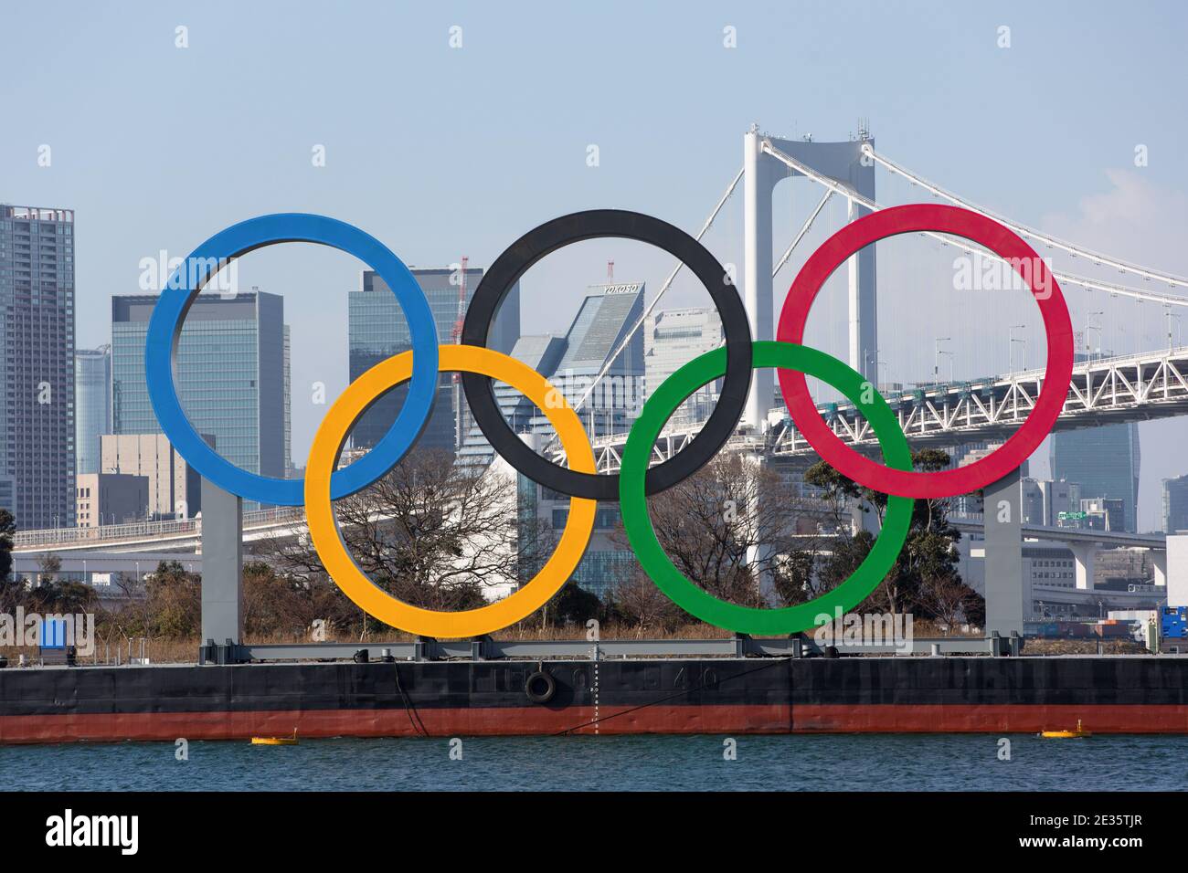 Tokyo, Japan. 16th Jan, 2021. Olympic Rings installation seen in Odaiba ...