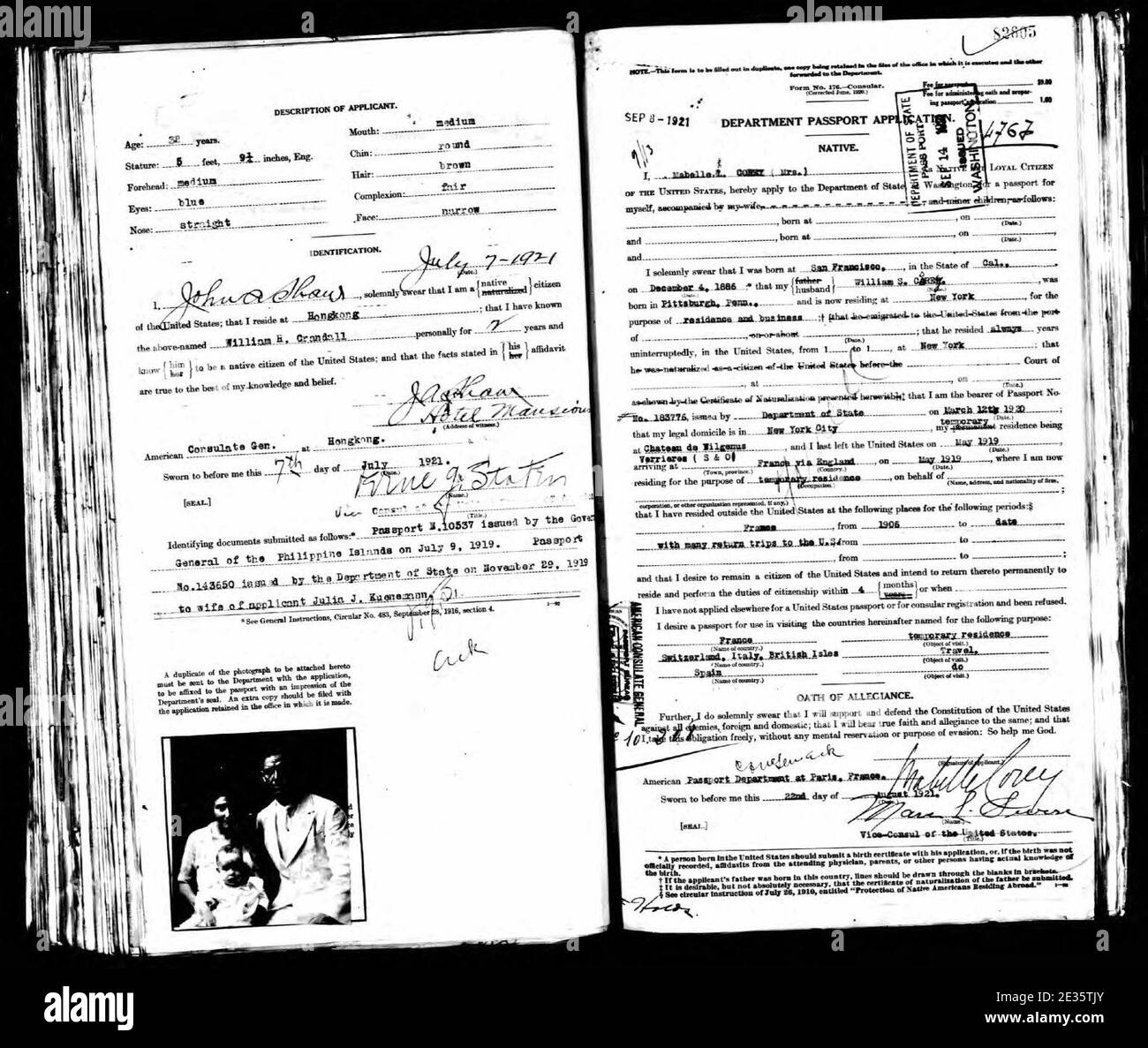 Mabelle Gilman Corey 1921 passport application Stock Photo - Alamy