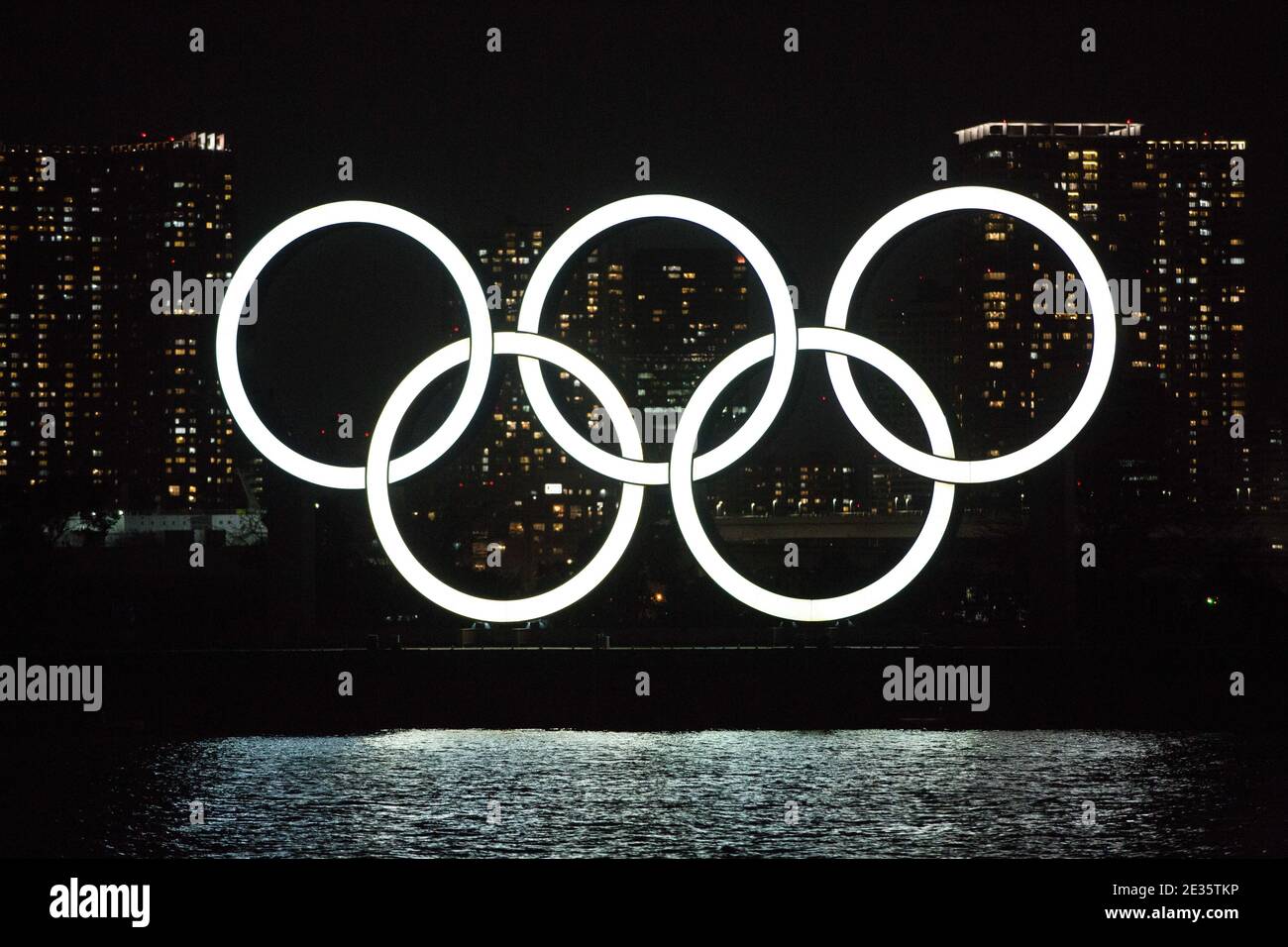Tokyo, Japan. 16th Jan, 2021. Illuminated Olympic Rings installation in ...