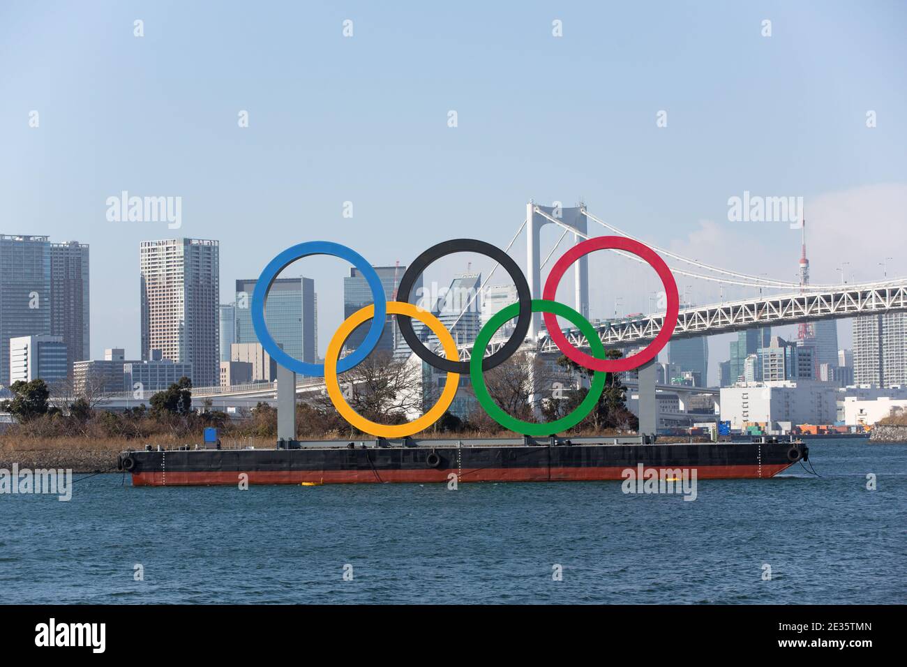 Tokyo, Japan. 16th Jan, 2021. Olympic Rings installation seen in Odaiba ...