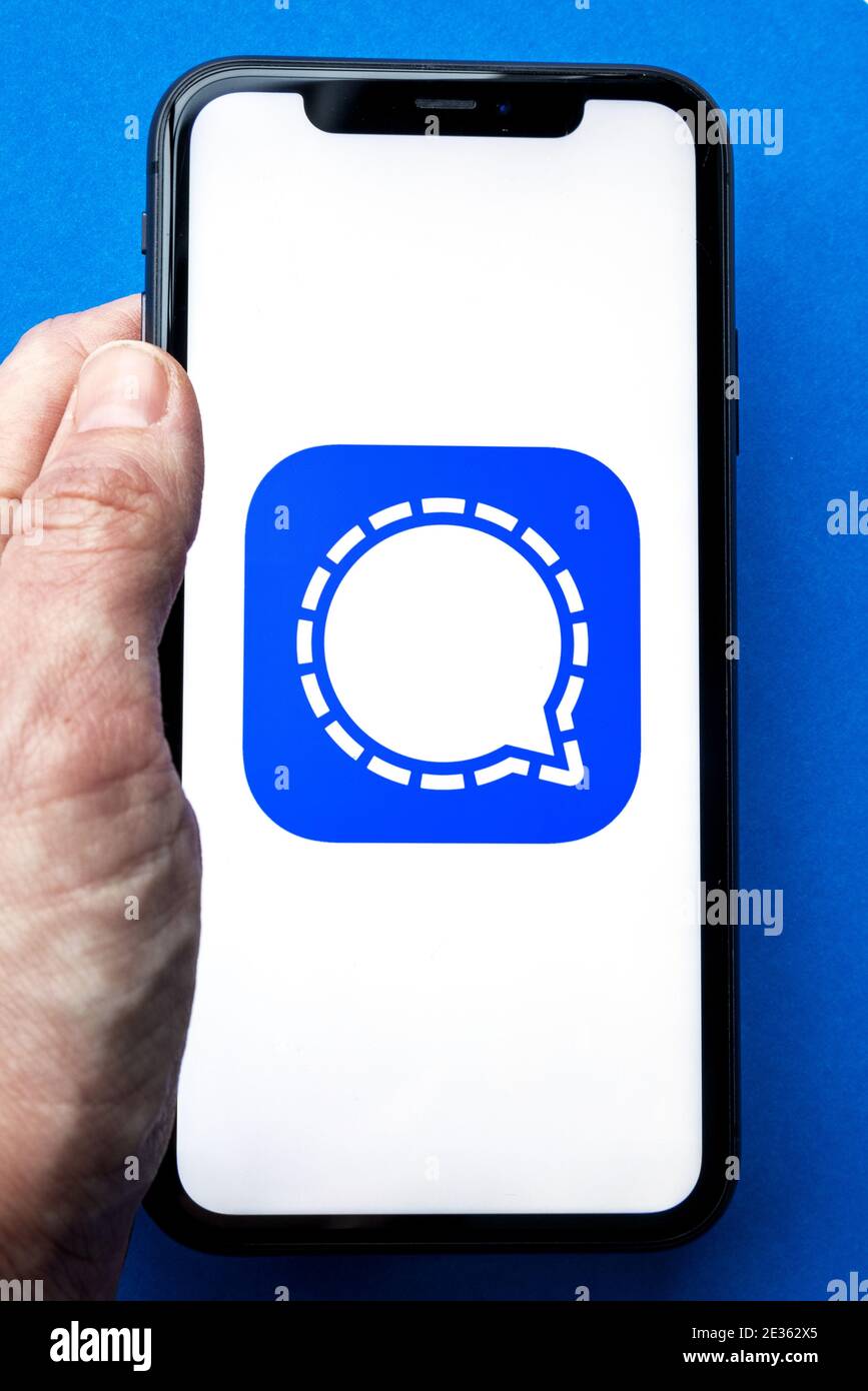 iPhone 11 on blue background with new messenger app Signal logo and ...