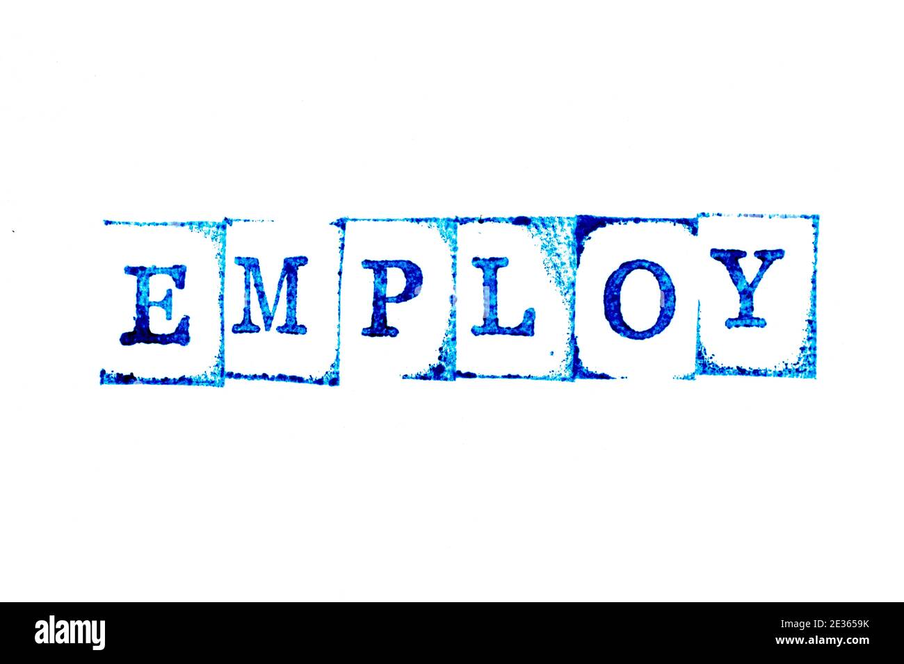 Blue color ink of rubber stamp in word employ on white paper background ...