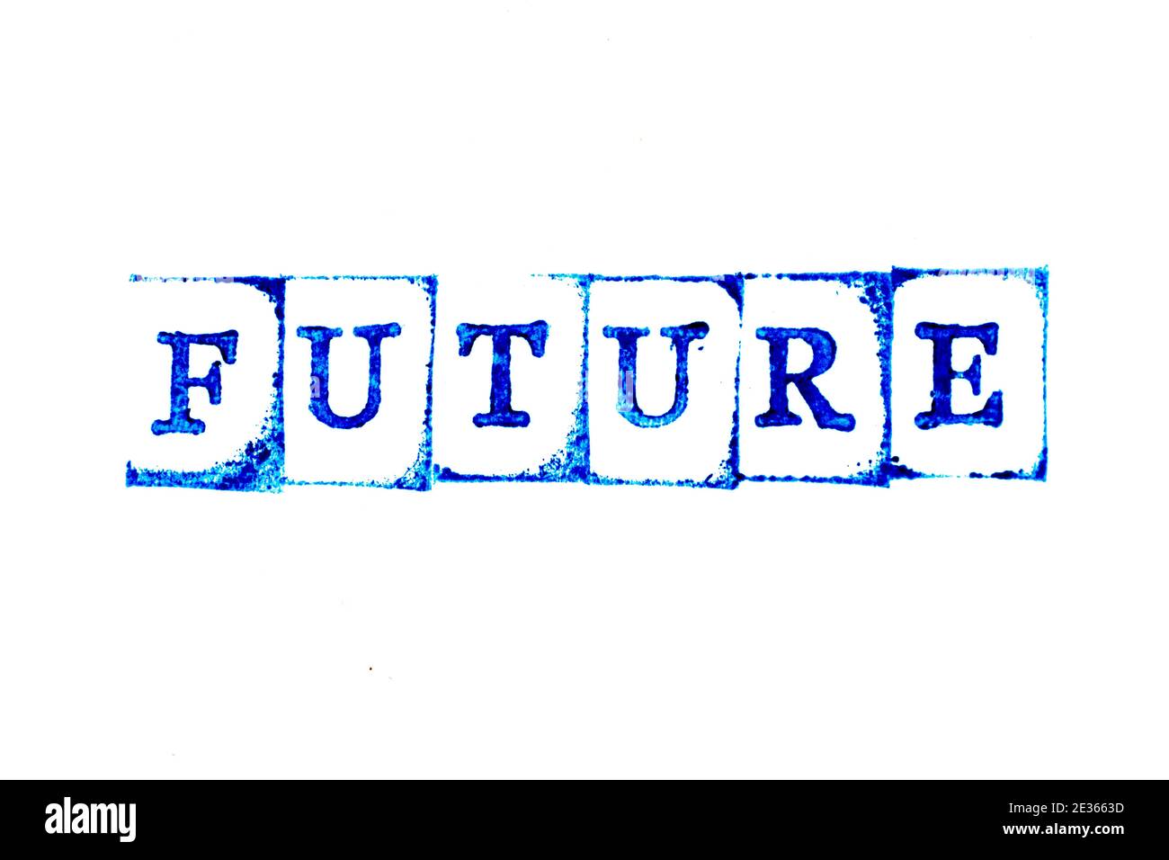 Blue color ink of rubber stamp in word future on white paper background ...