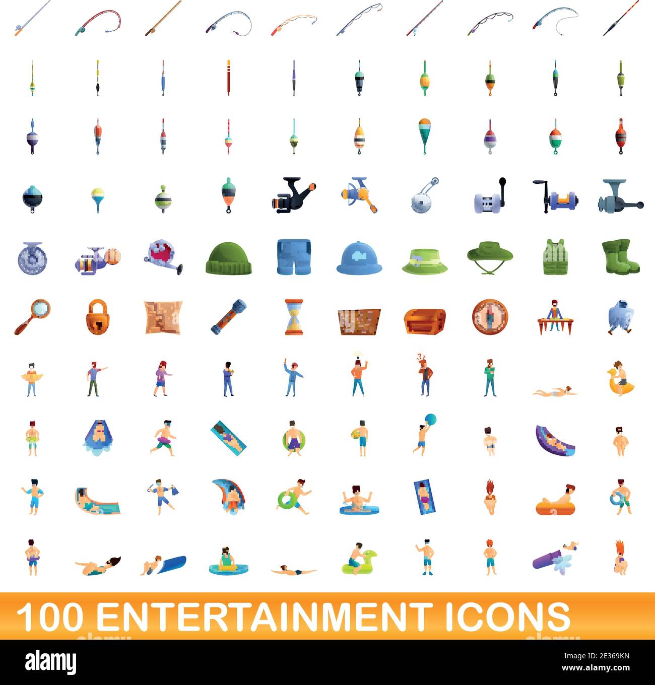 100 entertainment icons set. Cartoon illustration of 100 entertainment ...