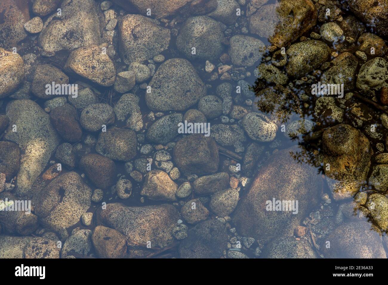 clear river water and visible stones. Sea stones background. Ripples ...