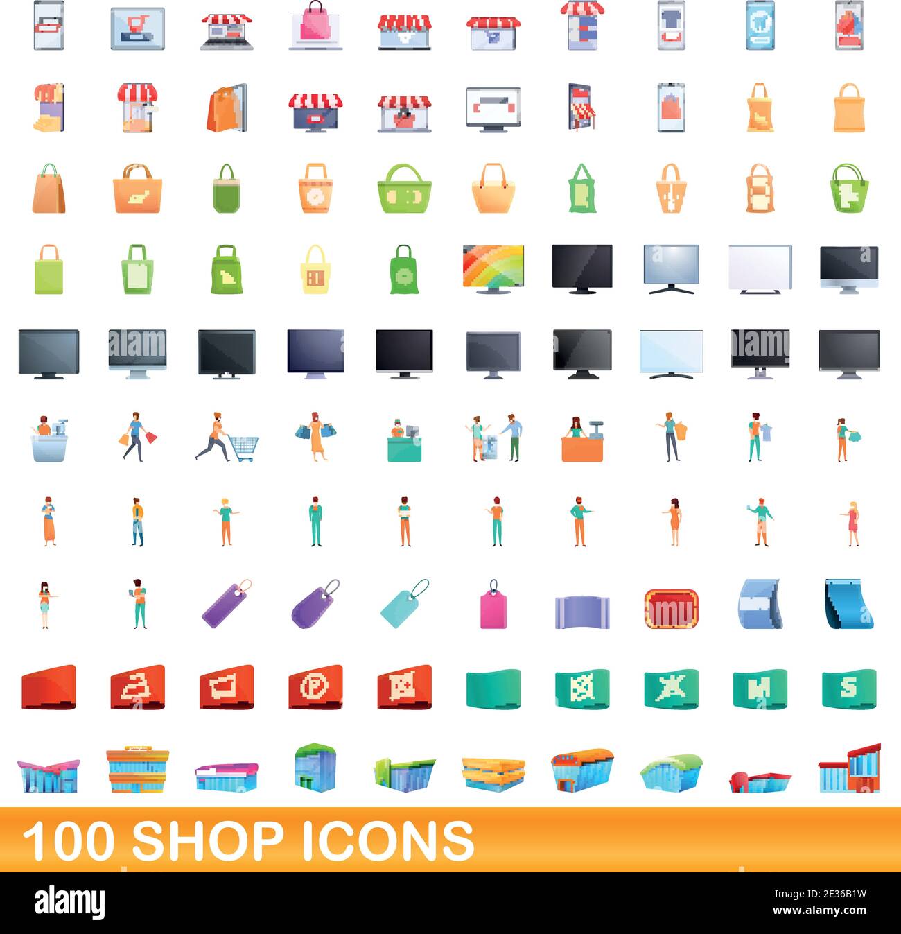 100 shop icons set. Cartoon illustration of 100 shop icons vector set ...