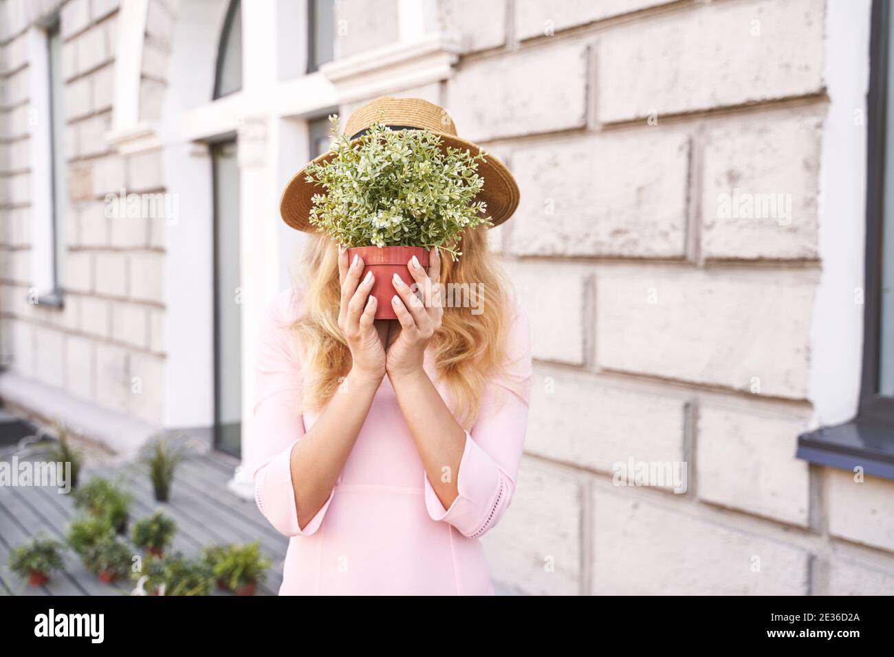 Pretty young woman hide face by green. Outdoors anonymity portrait ...