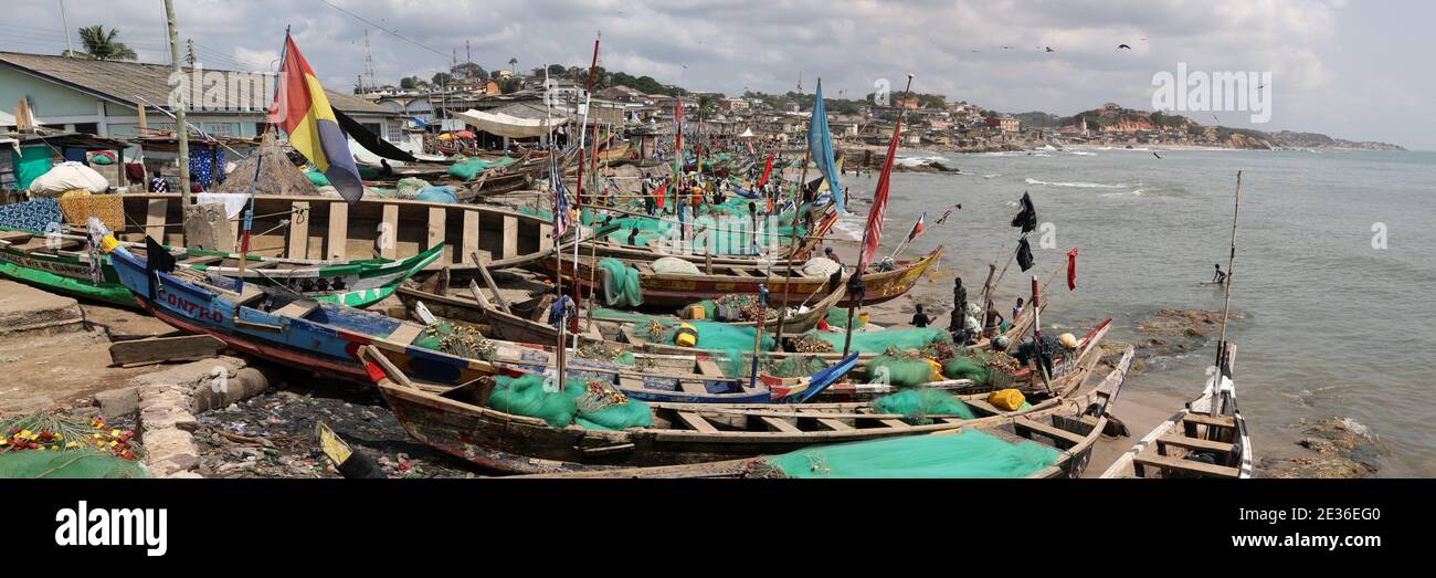 Cape Coast Ghana fishing fleet village. West Africa, Atlantic ocean ...