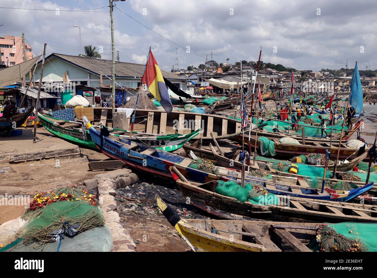 Cape Coast Ghana fishing fleet village. West Africa, Atlantic ocean ...