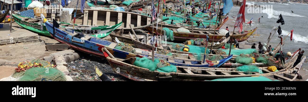 Cape Coast Ghana fishing fleet village. West Africa, Atlantic ocean ...