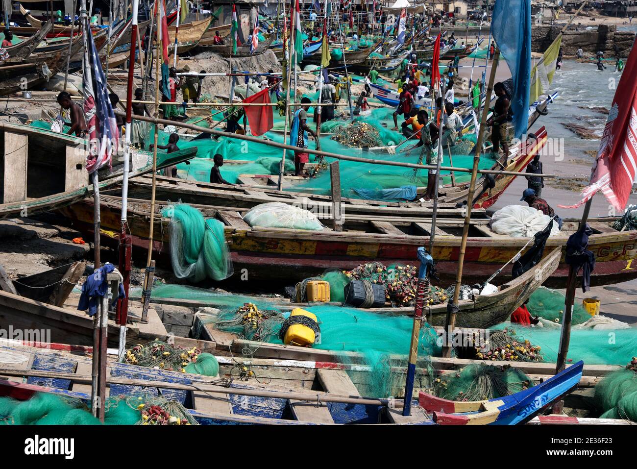 Cape Coast Ghana fishing fleet village. West Africa, Atlantic ocean ...