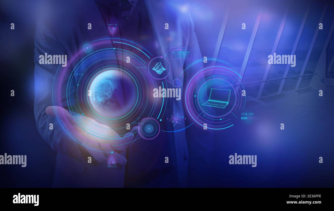 Business background with virtual infographics and planet hologram Stock ...