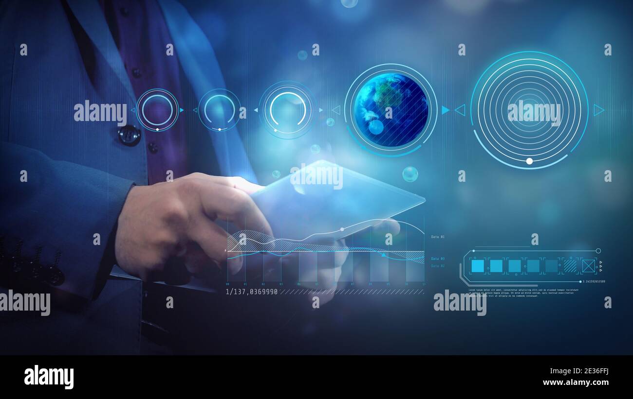 Business background with virtual infographics and Earth hologram Stock ...