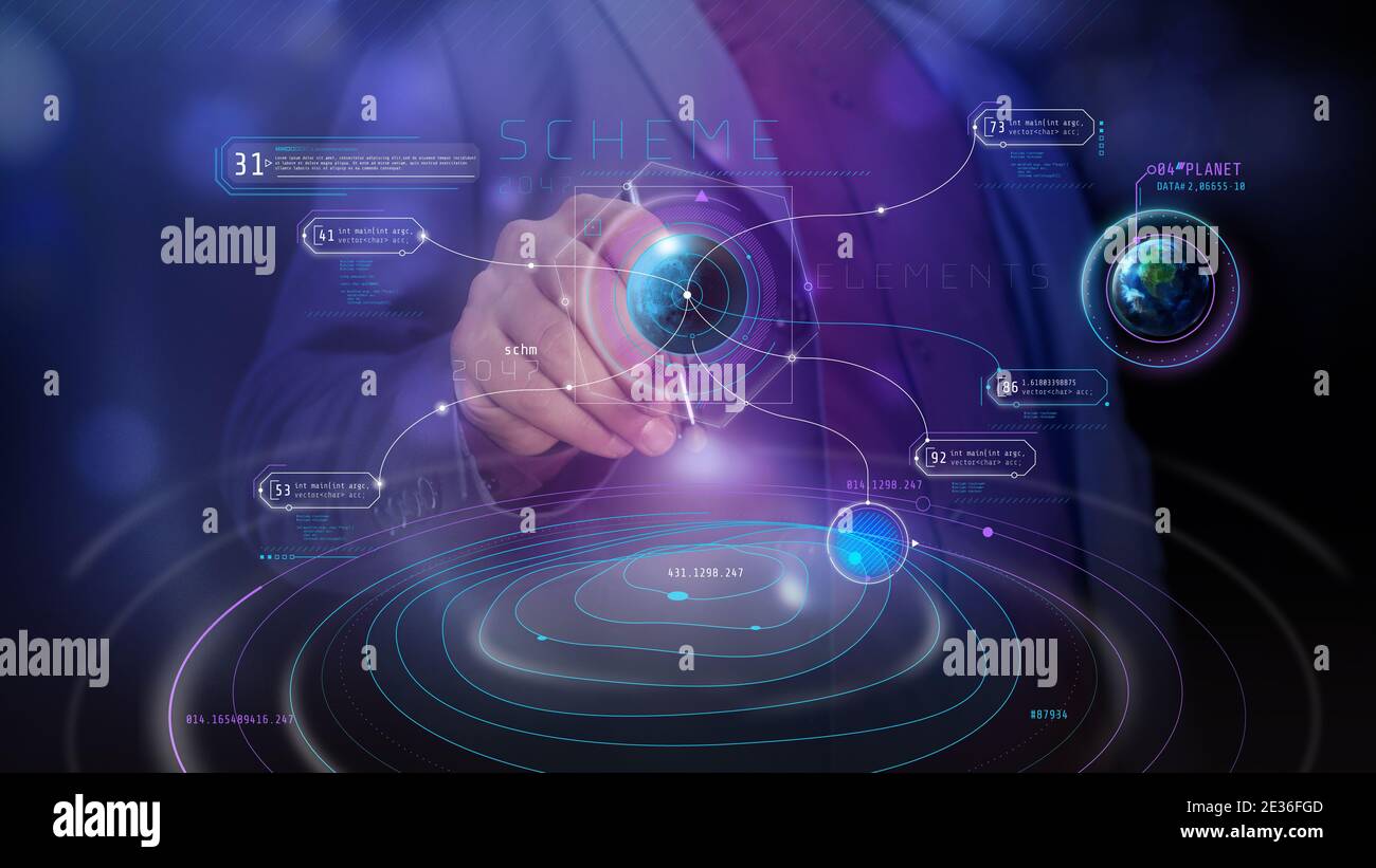 Business background with virtual infographics and planets holograms ...