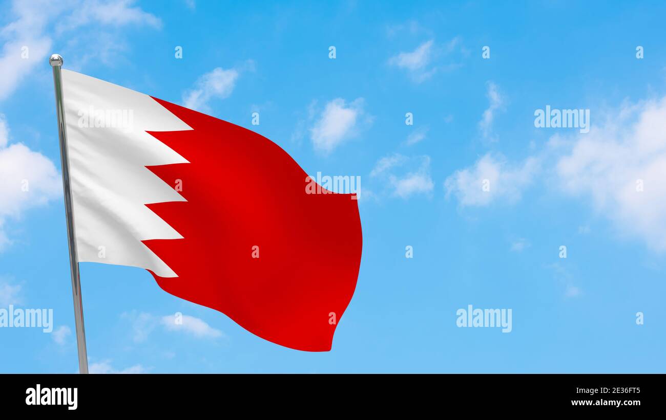 Bahrain flag on pole. Blue sky. National flag of Bahrain Stock Photo ...