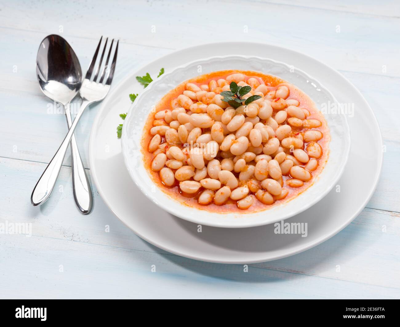 Traditional Turkish haricot bean. Baked Beans on the table with ...