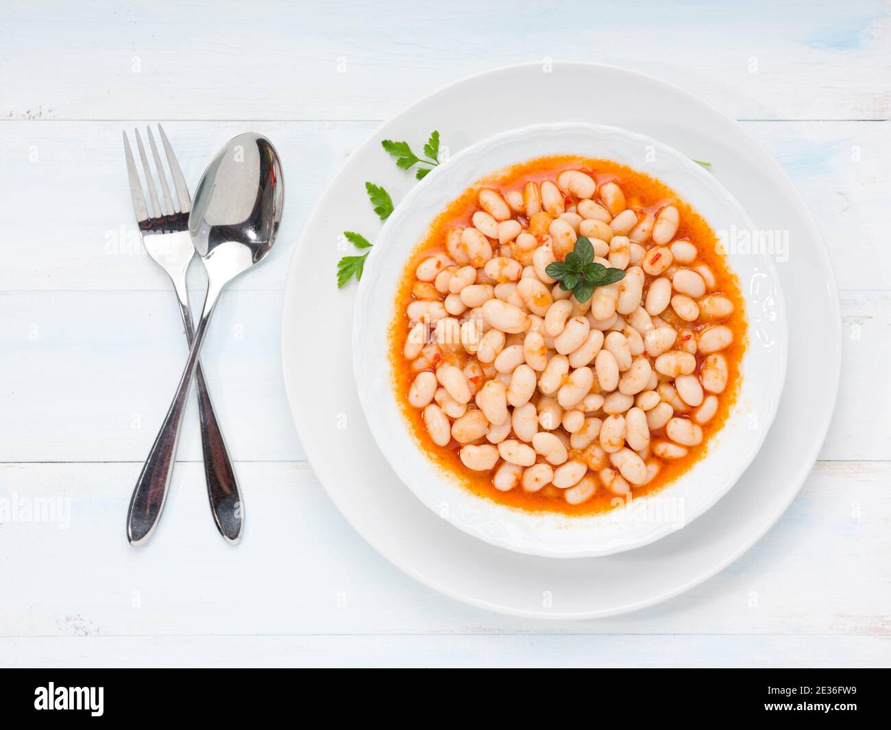 Traditional Turkish haricot bean. Baked Beans on the table with ...