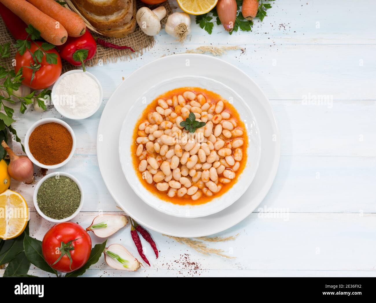 Traditional Turkish haricot bean. Baked Beans on the table with ...