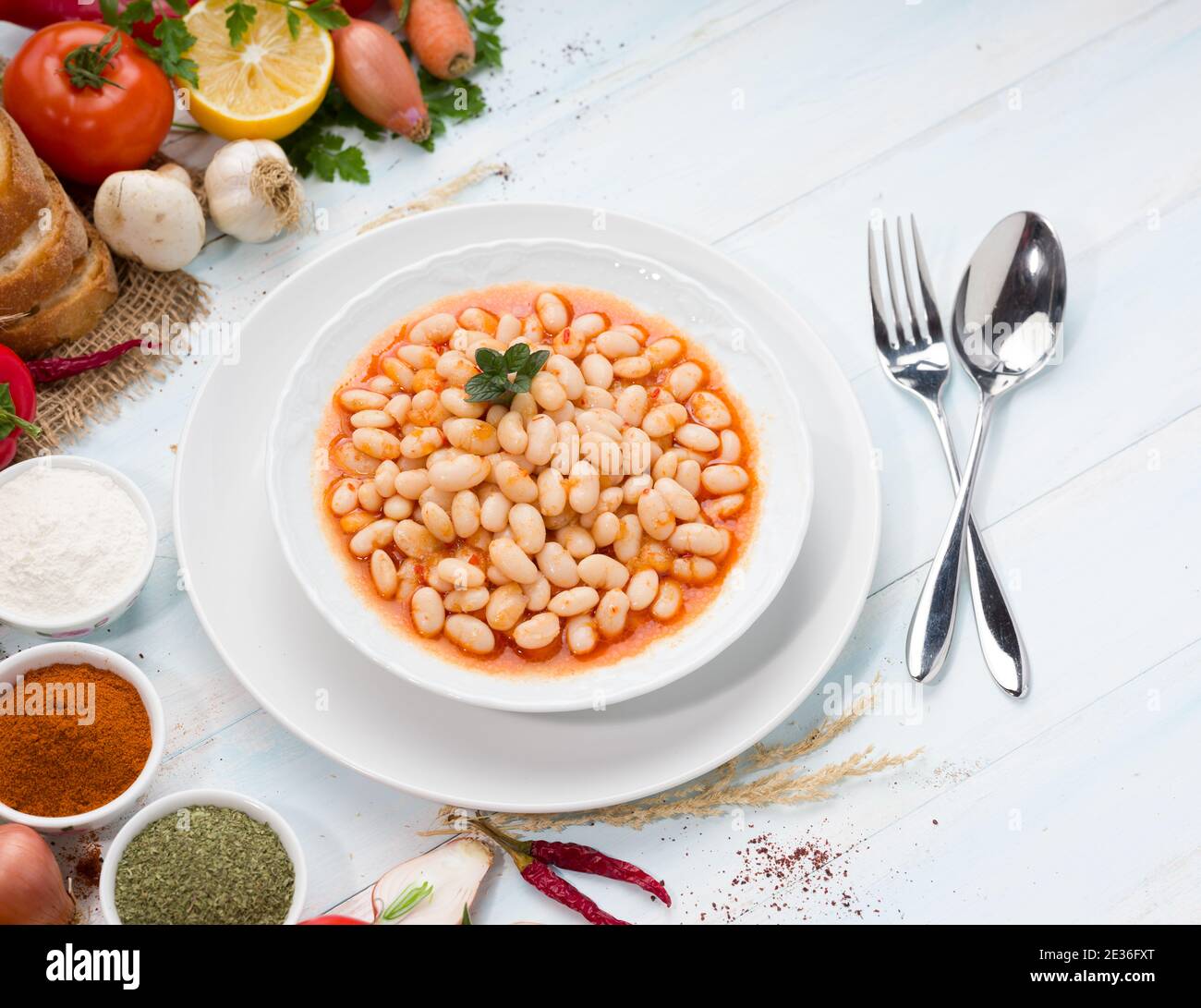 Traditional Turkish haricot bean. Baked Beans on the table with ...