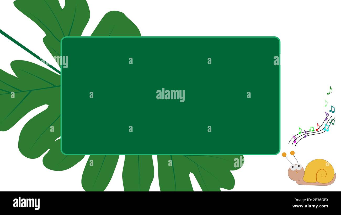 A card with a beautiful frame of tropical leaf and singing snail Stock ...