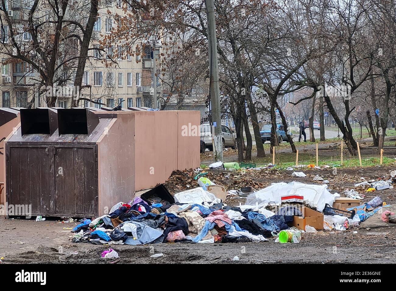 Trash, waste, garbage can on city street. Ecological problem of ...