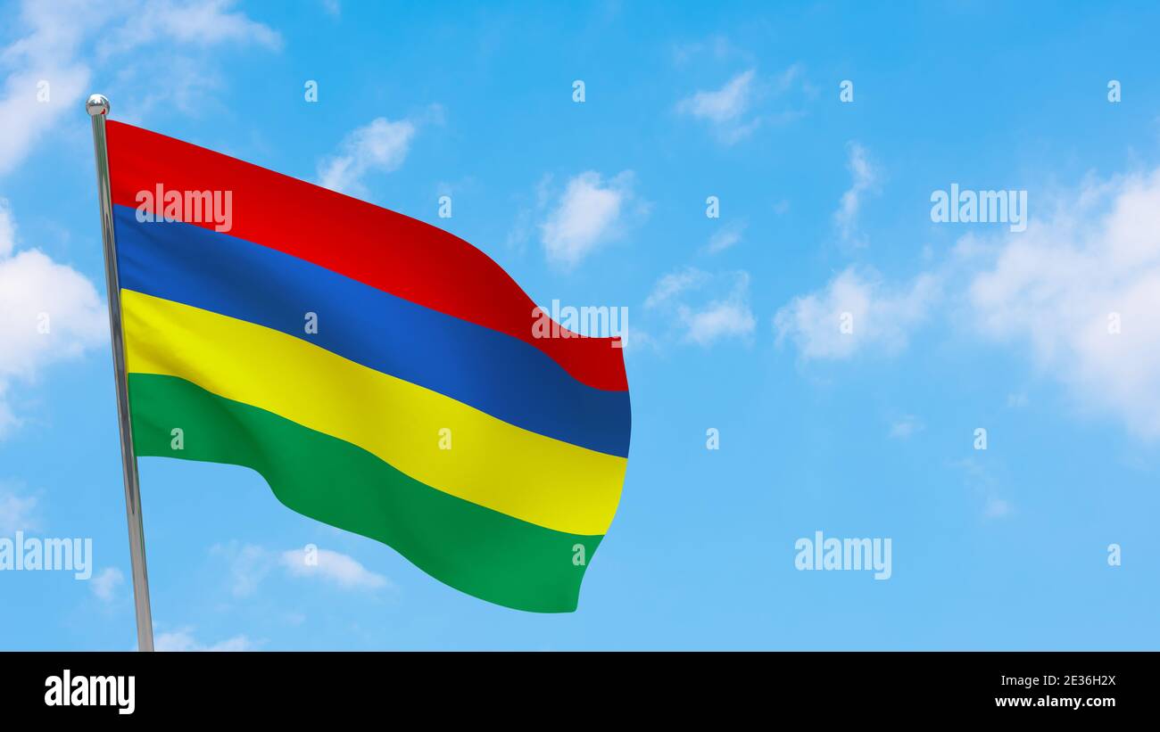 Mauritius flag on pole. Blue sky. National flag of Mauritius Stock ...