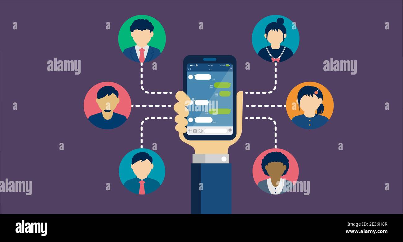 Hand holding smartphone vector banner illustration ( SNS, Chat app ...