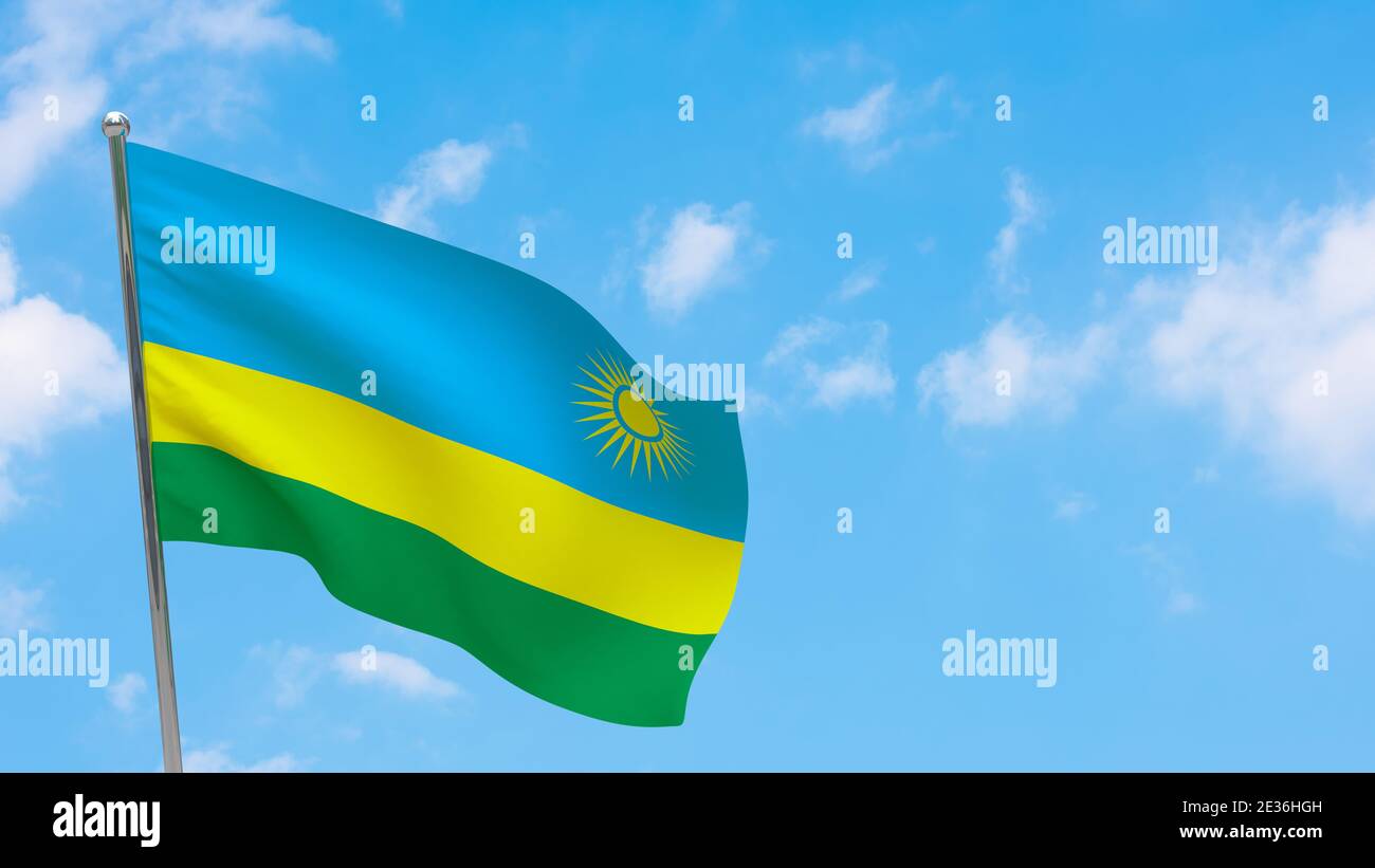 Rwanda flag on pole. Blue sky. National flag of Rwanda Stock Photo - Alamy
