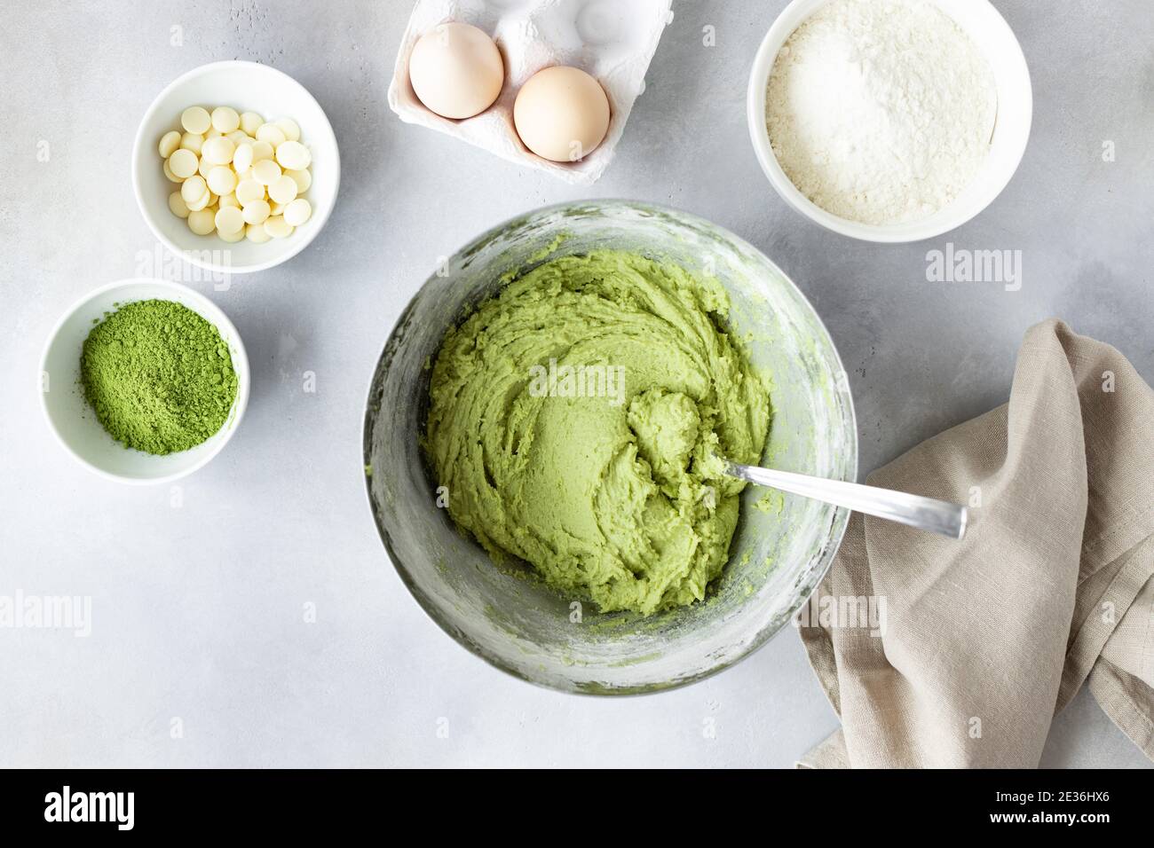 Flat lay composition with green tea matcha dough in metal bowl Stock ...