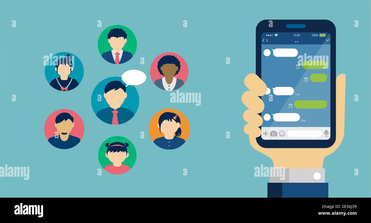 Hand holding smartphone vector banner illustration ( SNS, Chat app ...