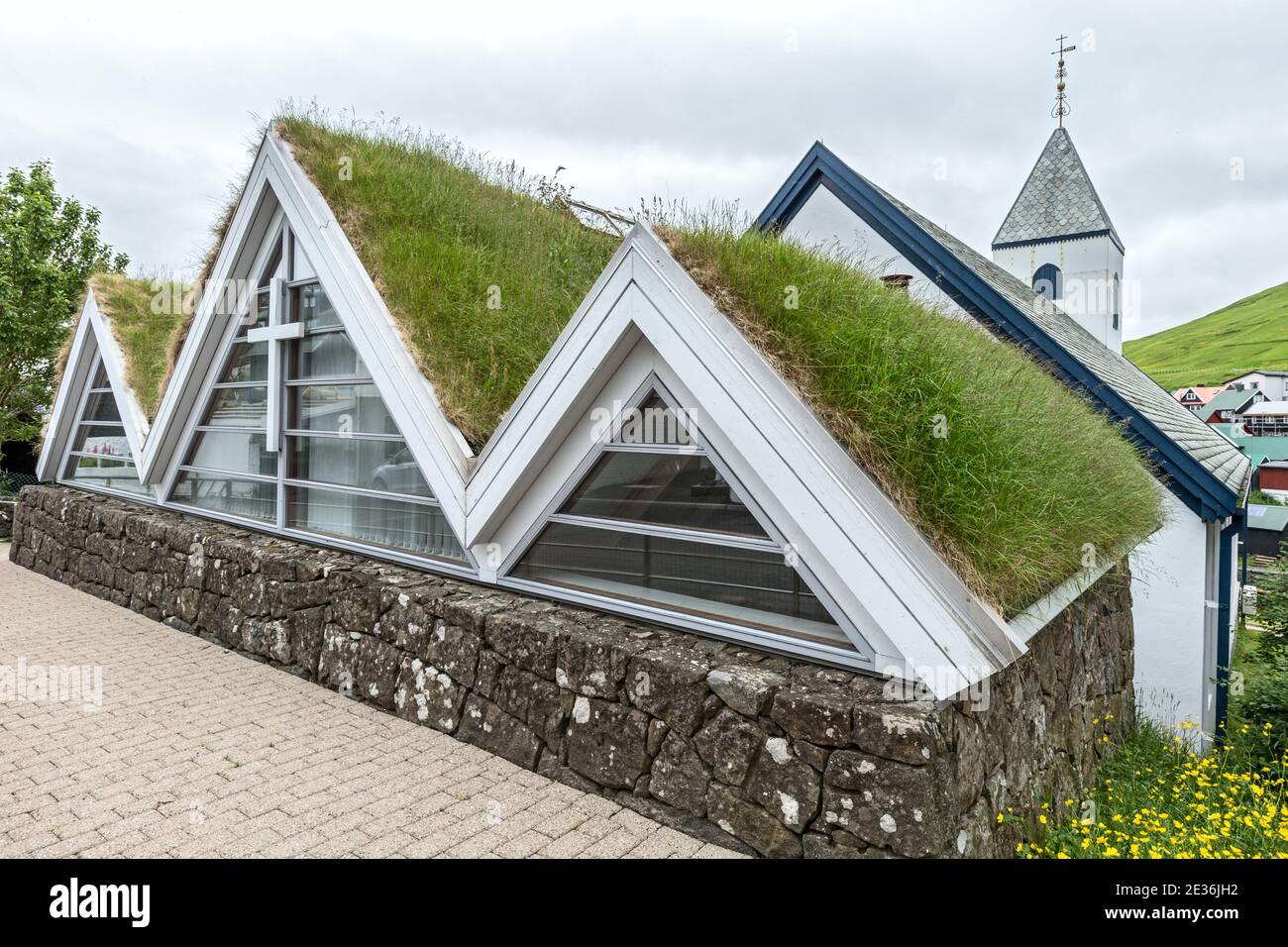 Church, rear, Kvivik village, Streymoy island, Faroe Islands Stock ...