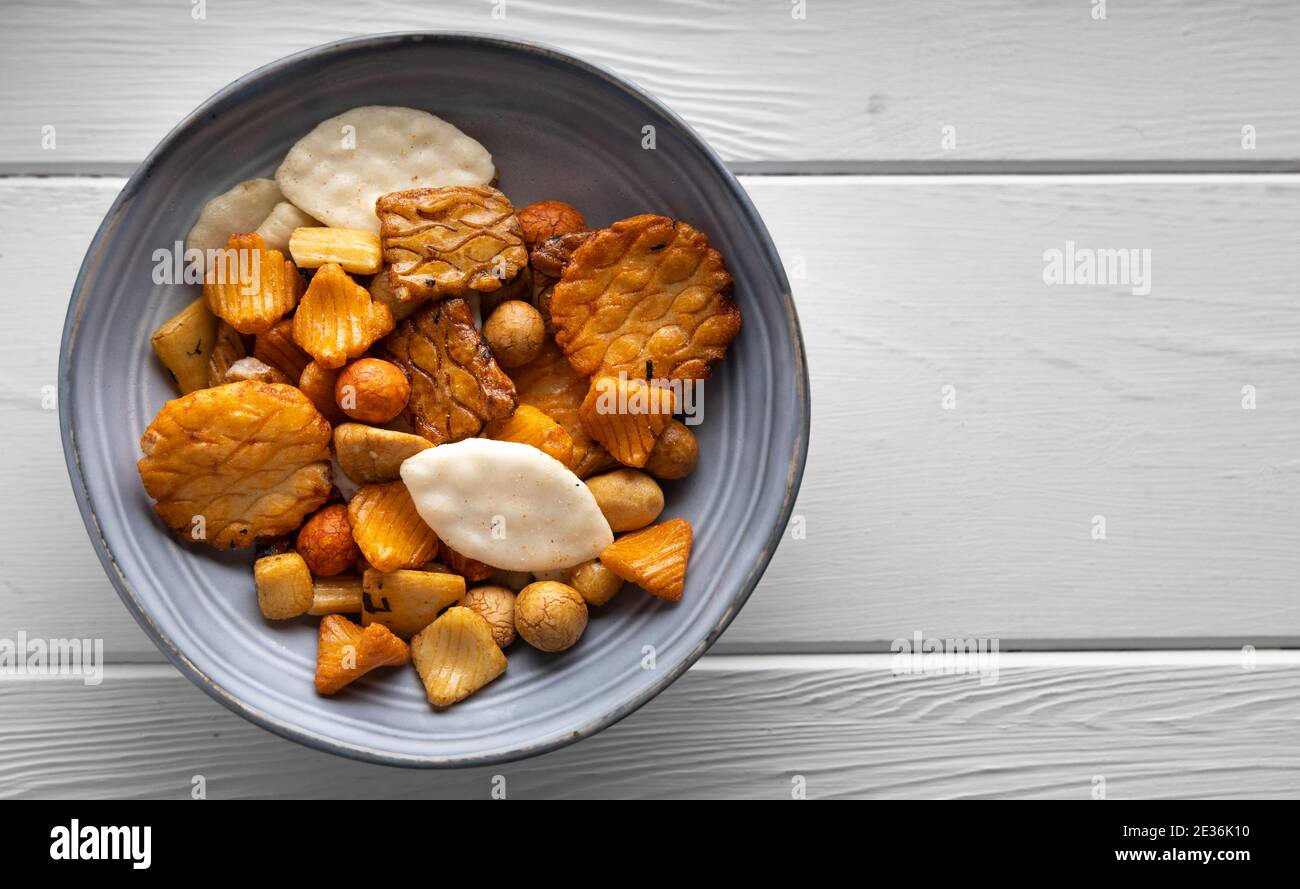 Mix of Senbei rice crackers in a bowl. A delicious Japanese snack Stock ...