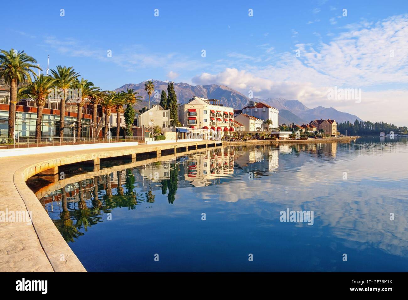 Winter view of embankment of Tivat city. Montenegro, Bay of Kotor Stock ...